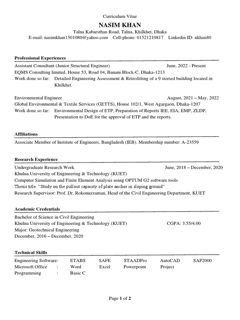 Curriculum Vitae (Nasim Khan) | PDF | Engineering | Science