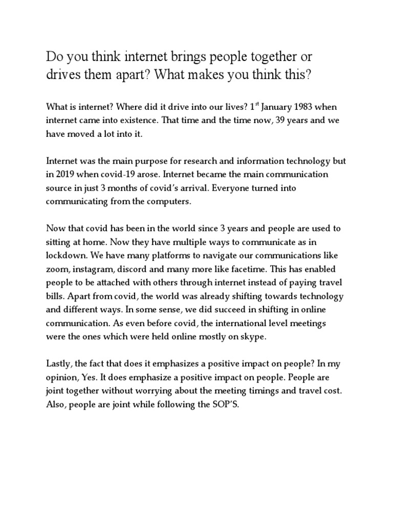 Do You Think Internet Brings People Together or Drives Them Apart | PDF