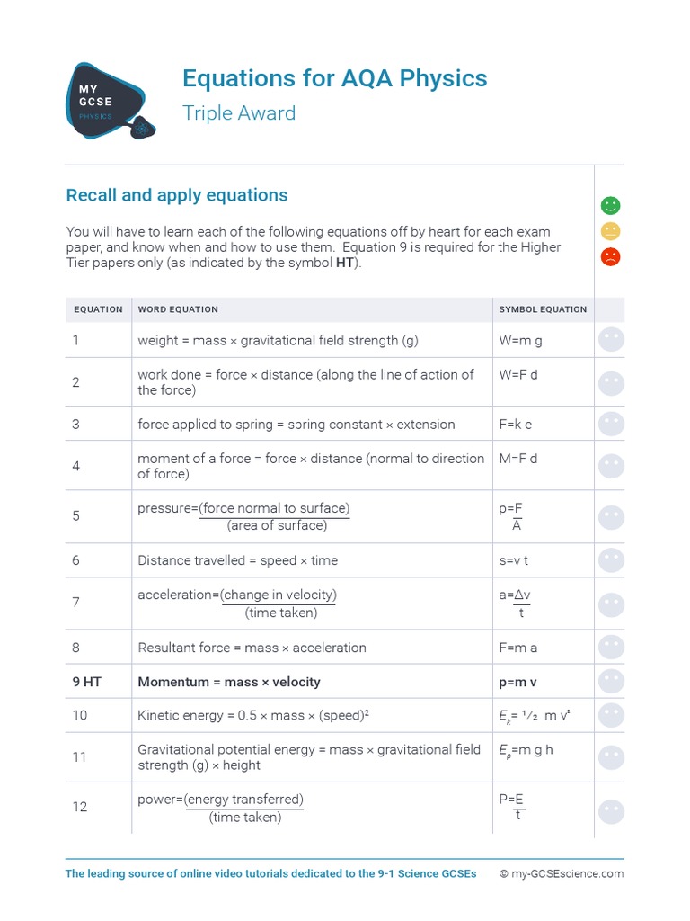 AQA Physics Equation Sheet Triple Oct 19 | PDF | Force | Mass