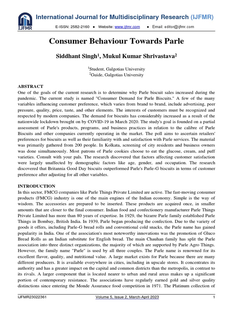 Consumer Behaviour Towards Parle: Siddhant Singh, Mukul Kumar Shrivastava | Download Free PDF ...