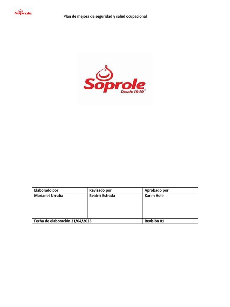 Plan de Mejora en SSO para Soprole S.A. | PDF | Seguridad y salud ocupacional