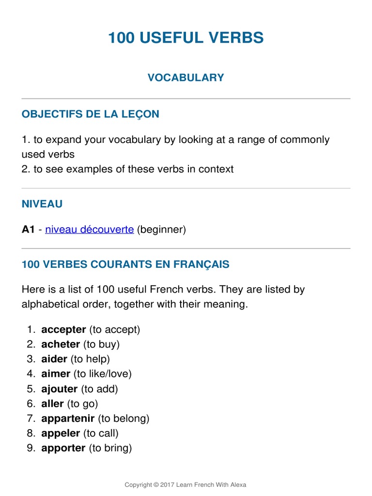 100 Useful French Verbs Support Guide | PDF | Language Arts & Discipline