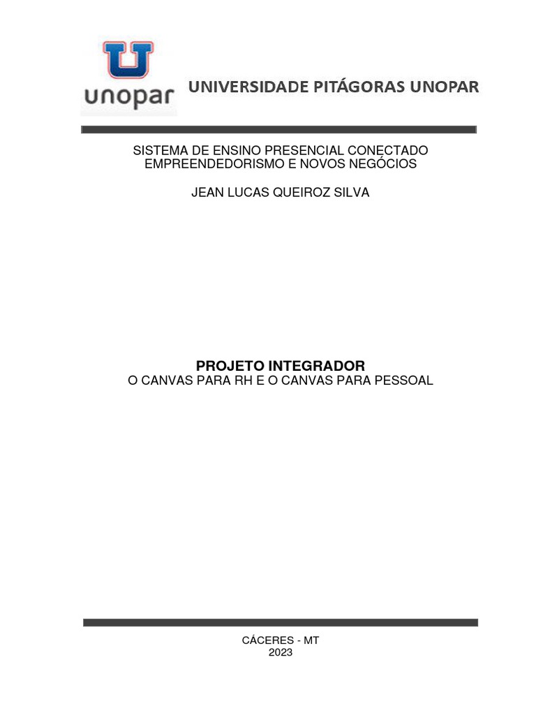 Projeto Integrador O Canvas para RH e o Canvas Pessoal Unopar Ntbmfs | PDF | Gestão de recursos ...