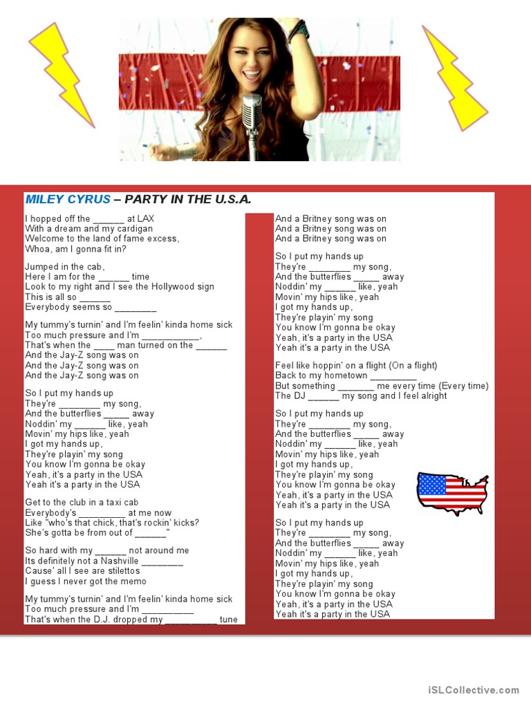Miley Cyrus - Party in The U.S.a. Song Worksheet | PDF