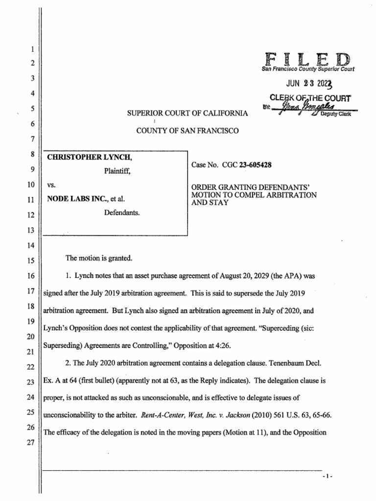 Order Granting Motion To Compel Christopher Lynch Vs Node Labs | PDF
