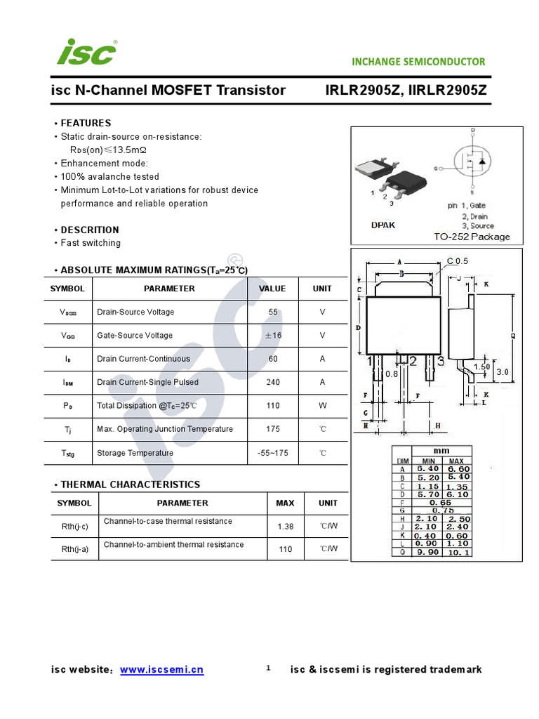 ISC IRLR2905Z MOSFET Datasheet | PDF | Field Effect Transistor | Mosfet
