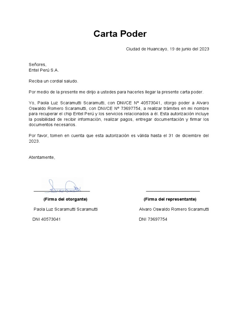 Carta Poder para Recuperar Chip Entel | PDF