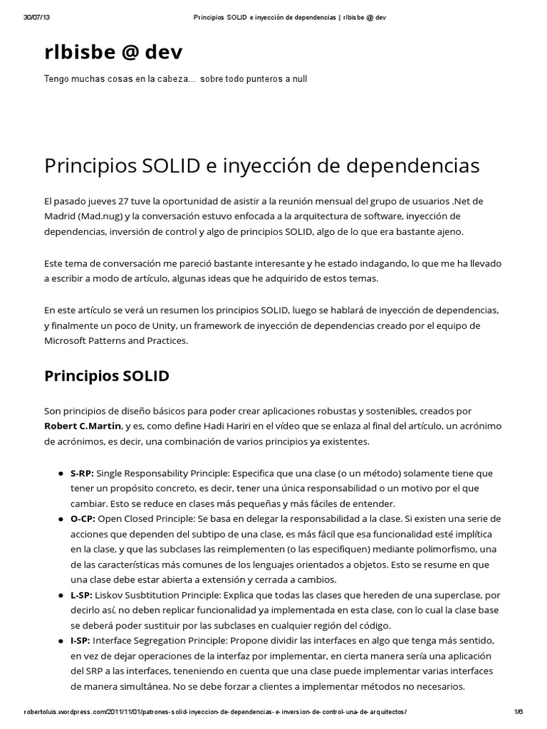 Principios Solid E Inyección De Dependencias Rlbisbe At Dev Pdf Objeto Informática