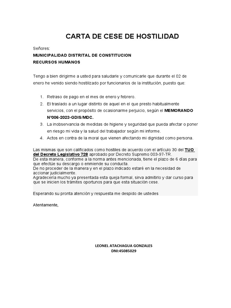 Carta de Cese de Hostilidad 2023 | PDF