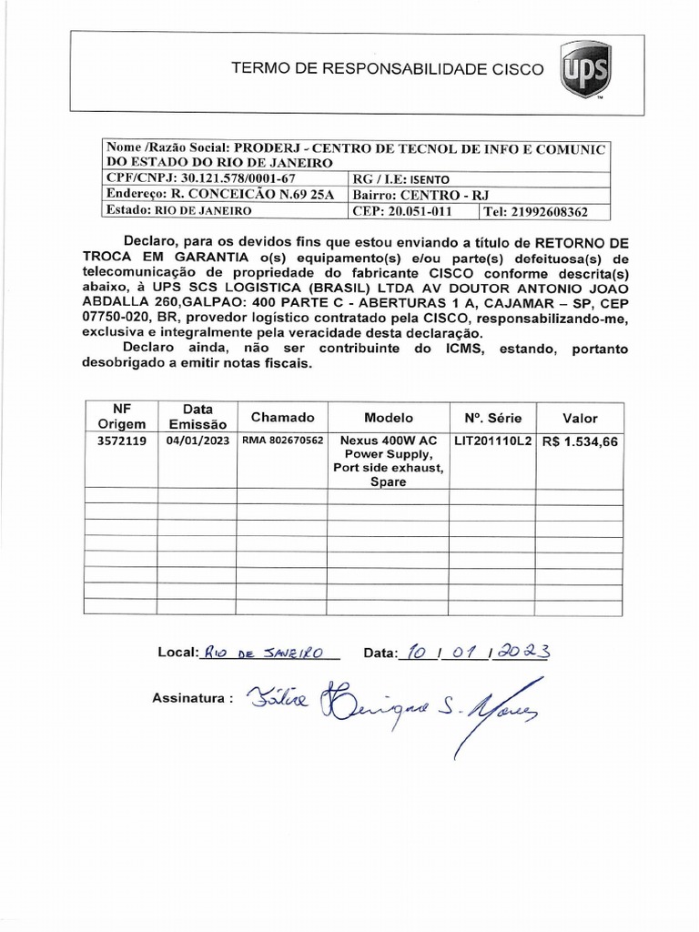 Termo - Ups - Cisco - Retorno - Rma 802670562 | PDF