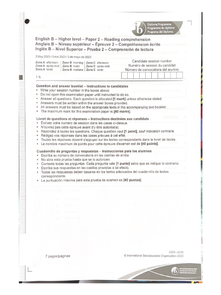 English B Paper 2 Reading Comprehension Question Booklet HL | PDF