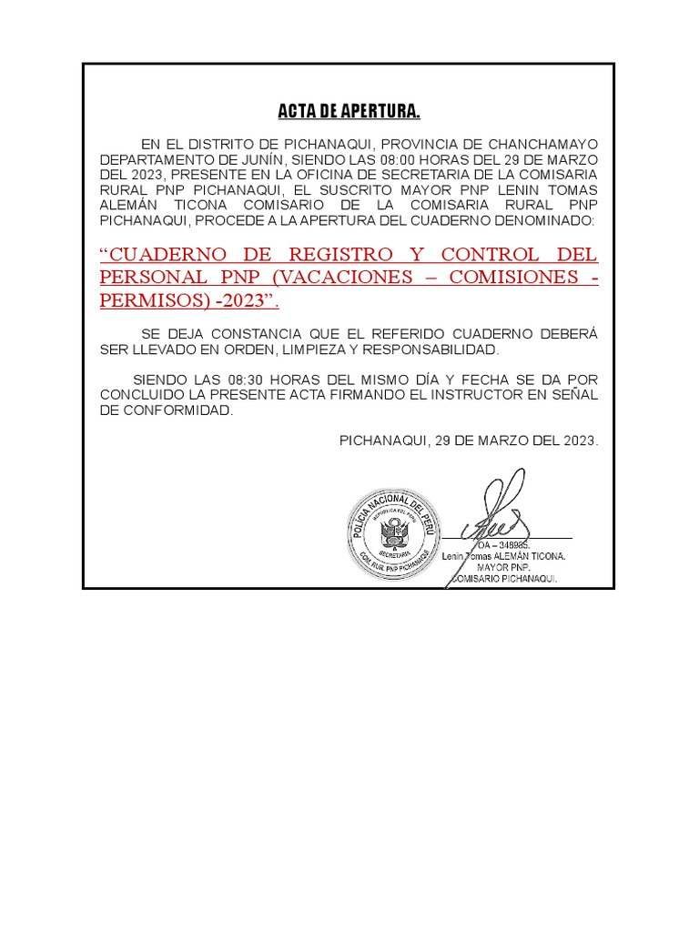 Acta de Apertura Cuadernos 2023 | PDF