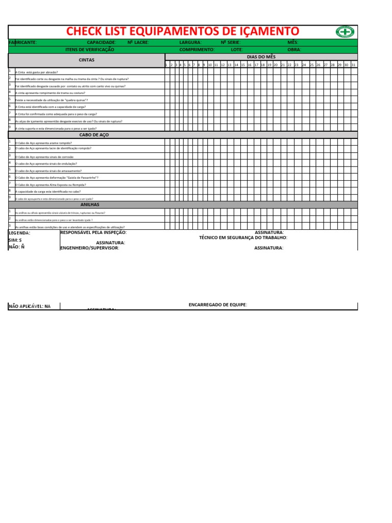 Check List Cintas e Cabo de Aço | PDF | Vestir-se | Engenharia Civil
