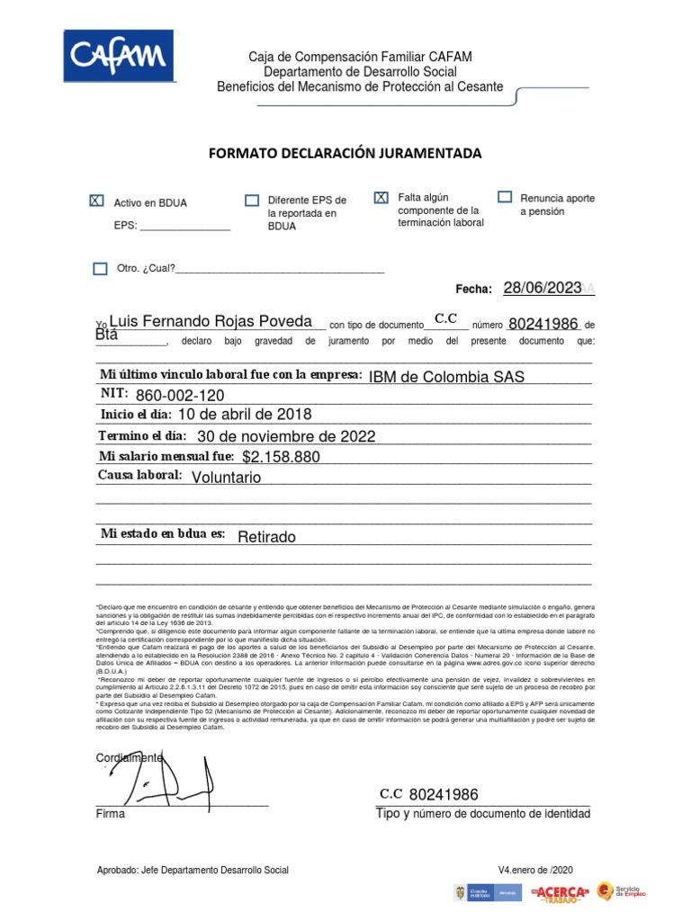 Formato Declaracion Juramentada | PDF | Pensión