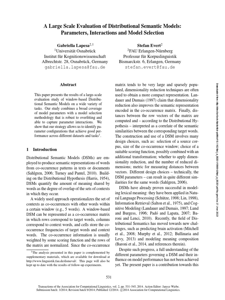 A Large Scale Evaluation Of Distributional Semantic Models Parameters Interactions And Model