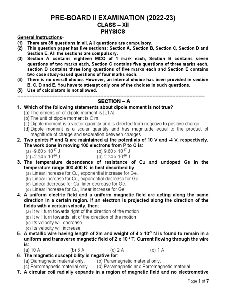 Class 12 Physics Pre-Board Exam 2022-23 | PDF | Photoelectric Effect ...