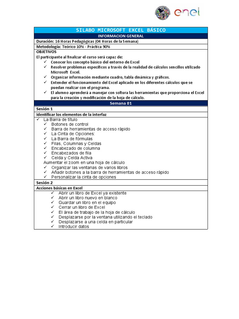 Silabus de Excel BASICO | PDF | Microsoft Excel | Hoja de cálculo