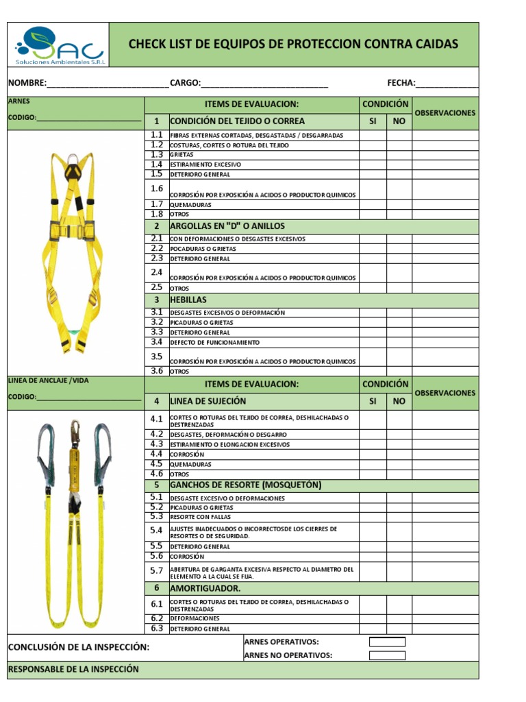 Check List de Equipos de Proteccion Contra Caidas | PDF