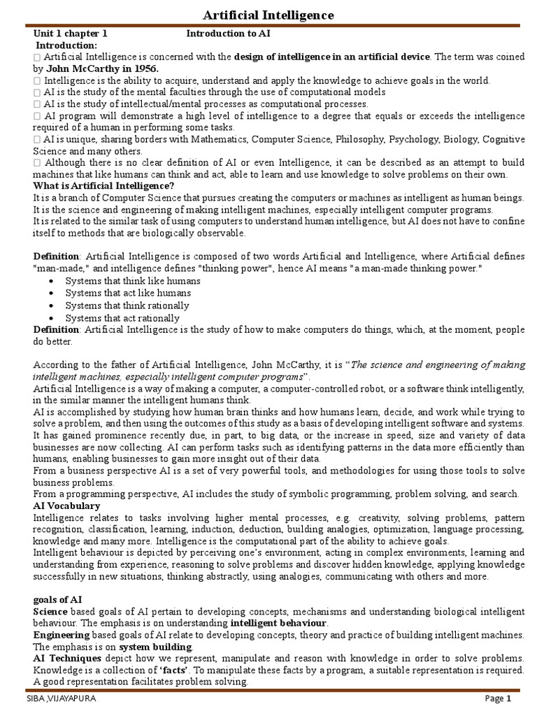 Artificial Intelligence Unit 1 Notes | PDF | Artificial Intelligence ...