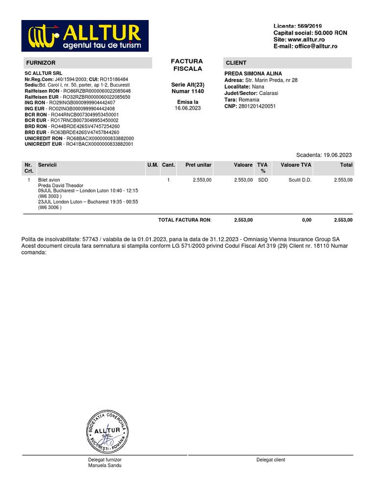 Factura Alt 23 1140 Din 16 06 2023 Pentru PREDA SIMONA ALINA de 2 553 ...