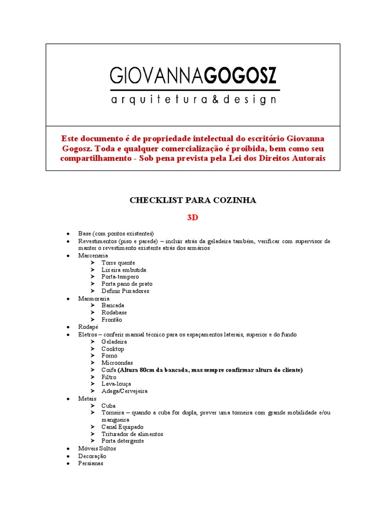 Checklist Cozinha | PDF | Drywall | Engenharia Civil