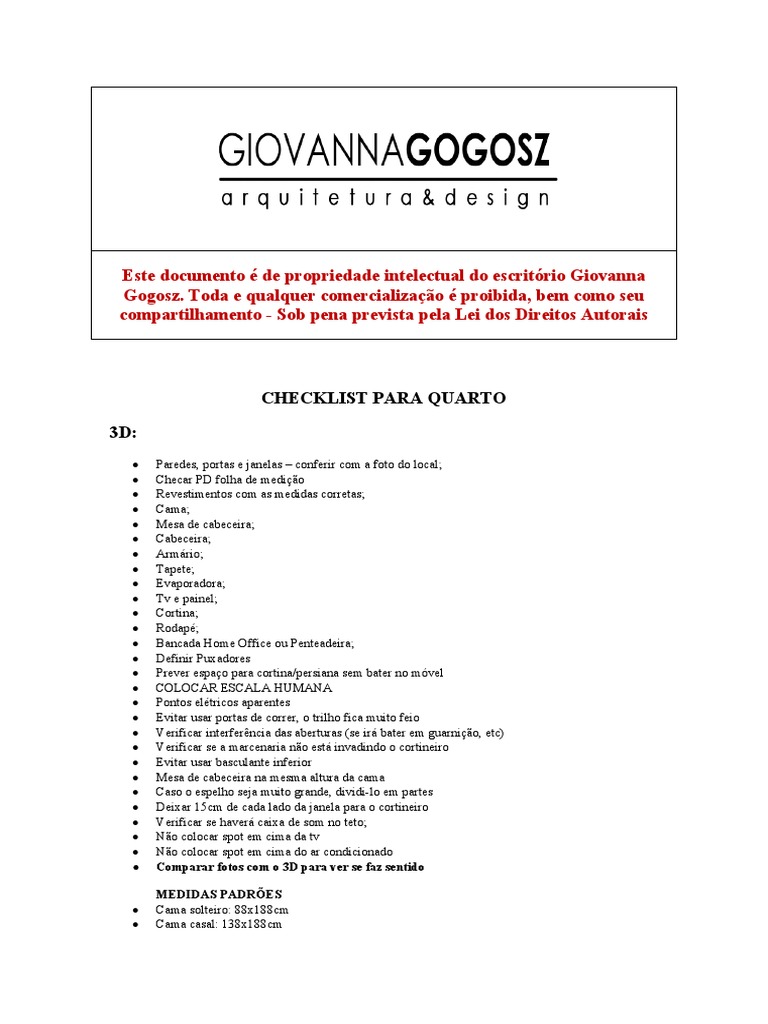 CHECKLIST+PARA+QUARTO | PDF | Cama | Reflexão (Física)