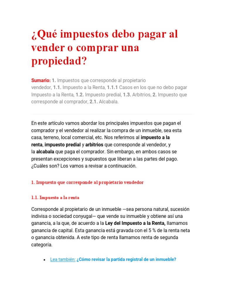 Qué Impuestos Debo Pagar Al Vender o Comprar Una Propiedad | PDF | Impuestos | Impuesto sobre la ...