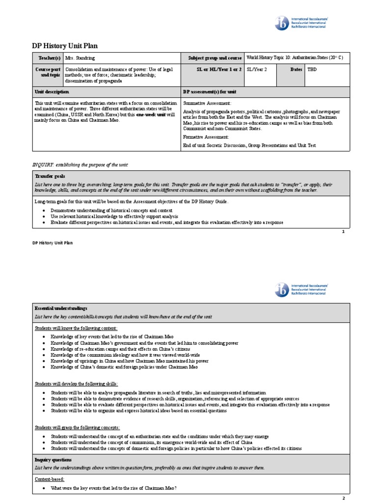 DP History Unit Plan | PDF | Educational Assessment | Knowledge