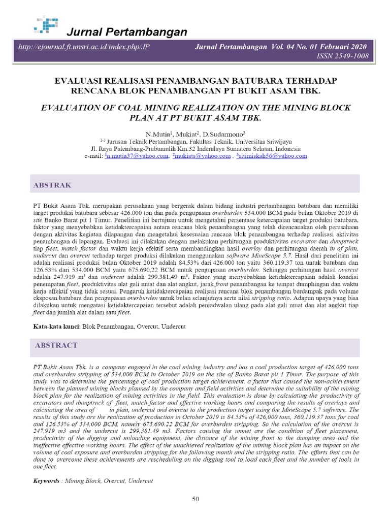 View of EVALUASI REALISASI PENAMBANGAN BATUBARA TERHADAP RENCANA BLOK PENAMBANGAN PT BUKIT ASAM ...