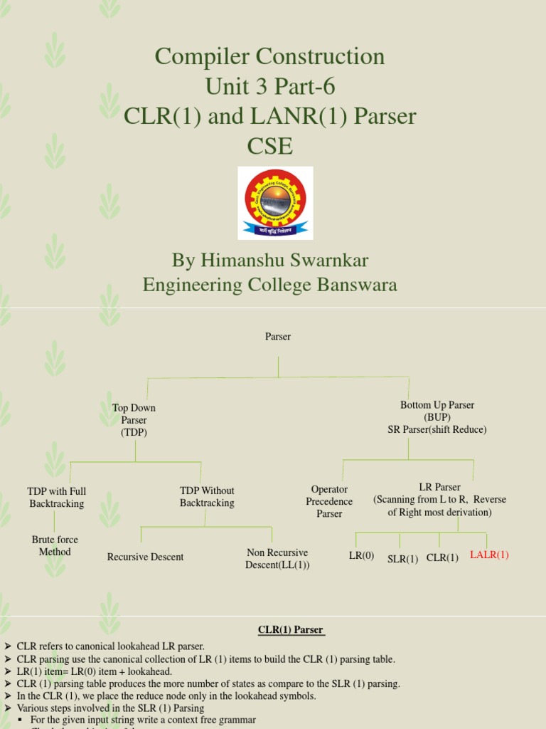 Compiler Construction Unit 3 Part-6 CLR (1) and LANR (1) Parser CSE | PDF | Parsing | Formalism ...