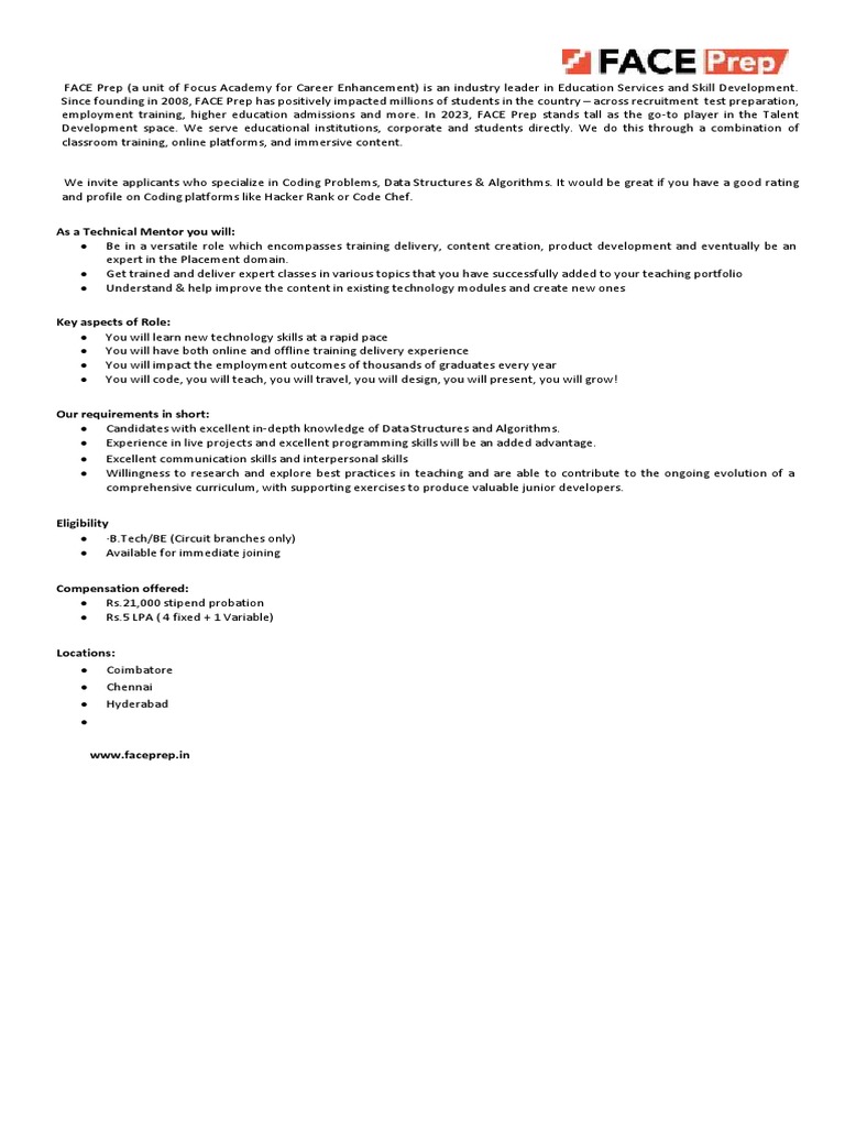 FACE Prep - Technical - Mentor - JD - Feb2023 | PDF