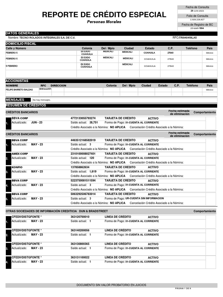 Reporte de Crédito Especial: Personas Morales | PDF | Tarjeta de ...