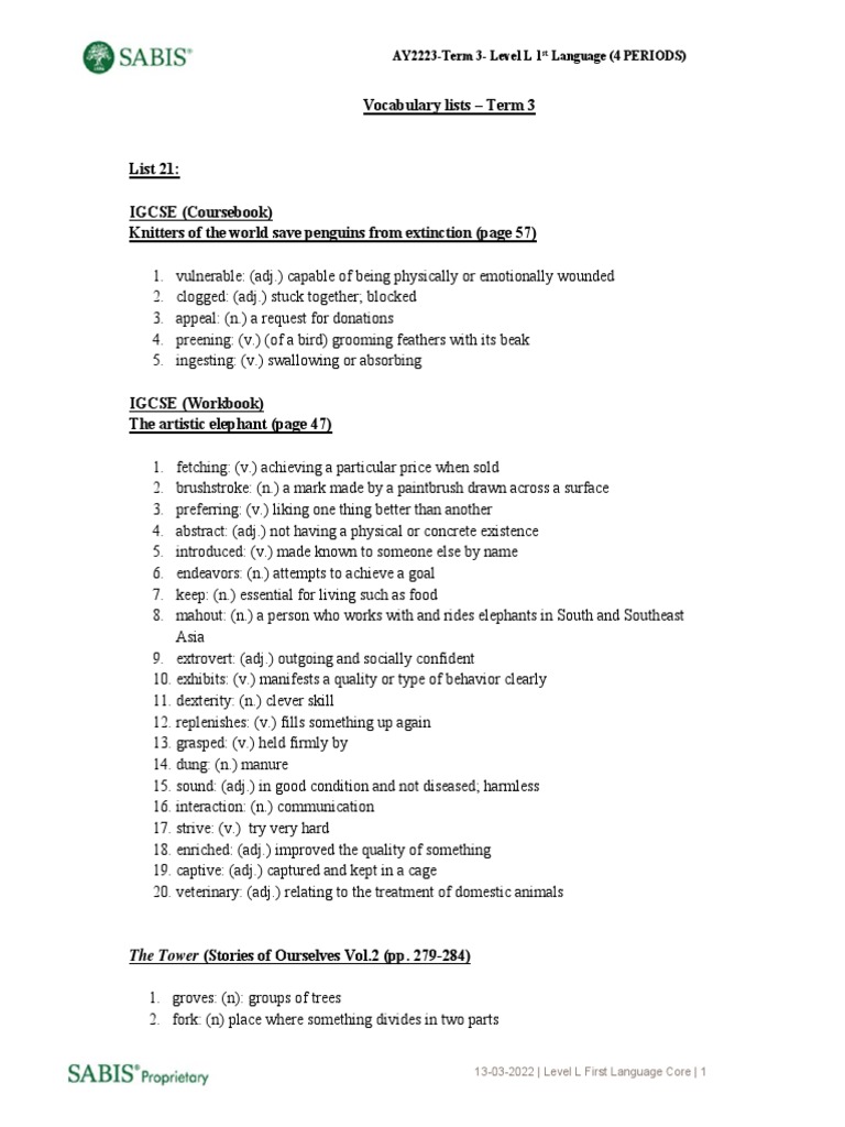2223 Level L First Language Vocabulary Lists - Term 3 (4 Periods) | PDF ...