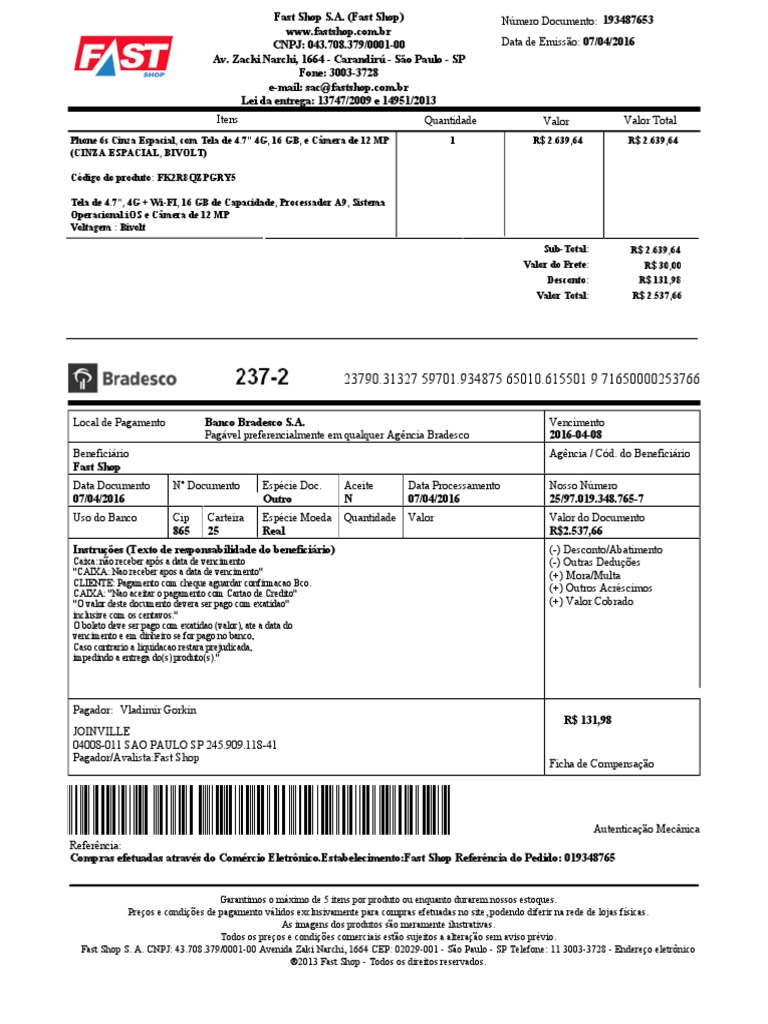 Fast Shop Invoice (Brazil) | PDF | Bancos | Indústrias de serviços