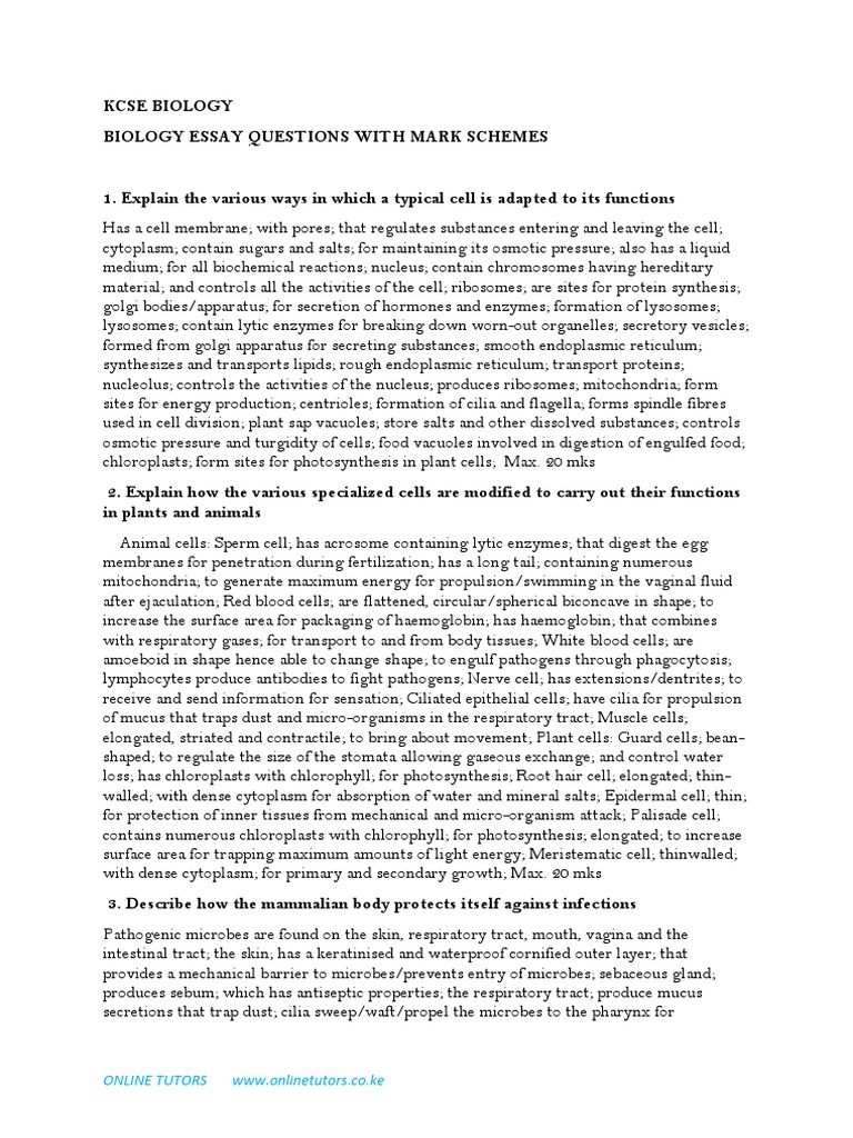 Kcse Biology Essay Questions and Answers | PDF | Digestion | Heart