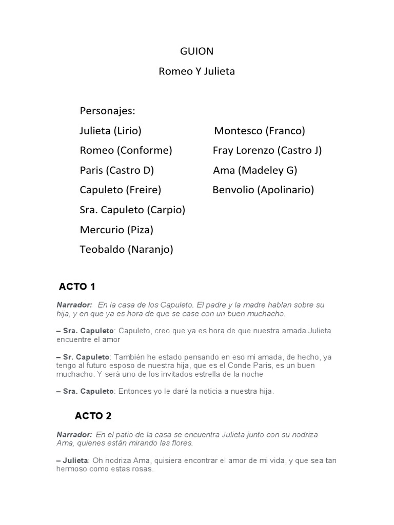 GUION Romeo Y Julieta | PDF | Romeo y Julieta | Tragedias de Shakespeare
