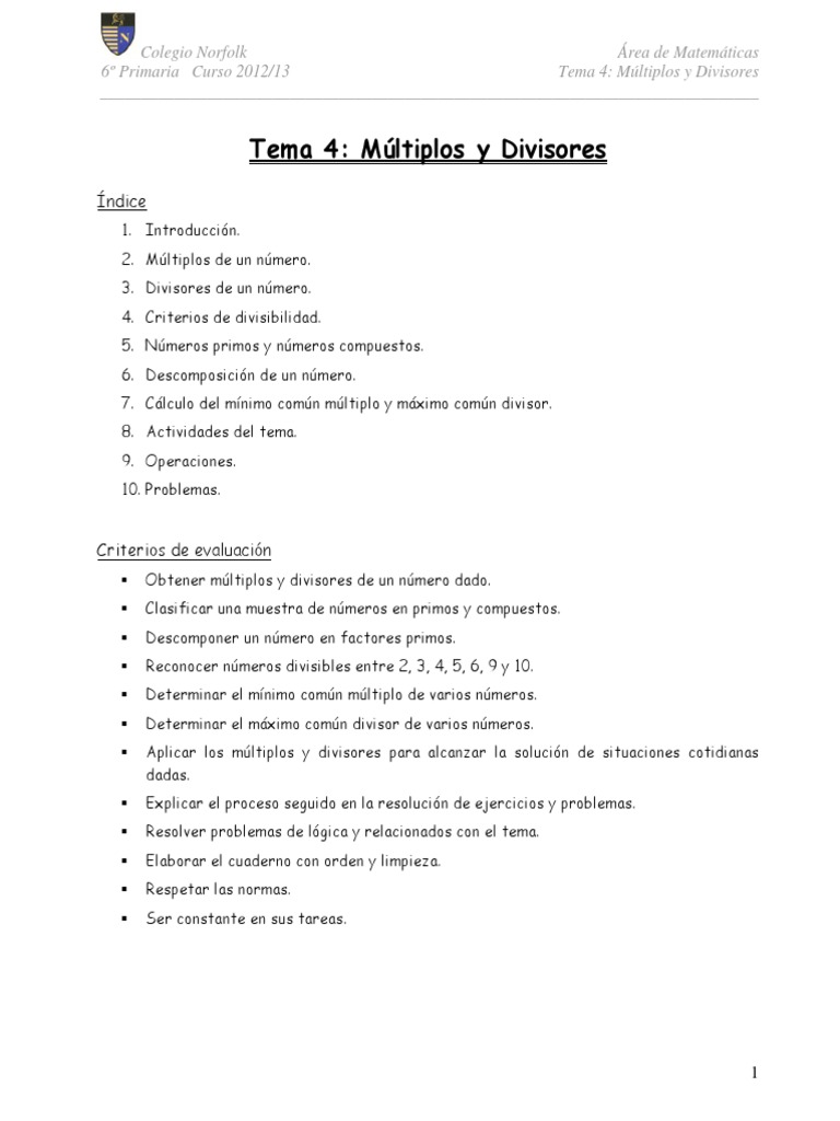 Tema 4_ Múltiplos y Divisores | PDF | División (Matemáticas) | Matemáticas