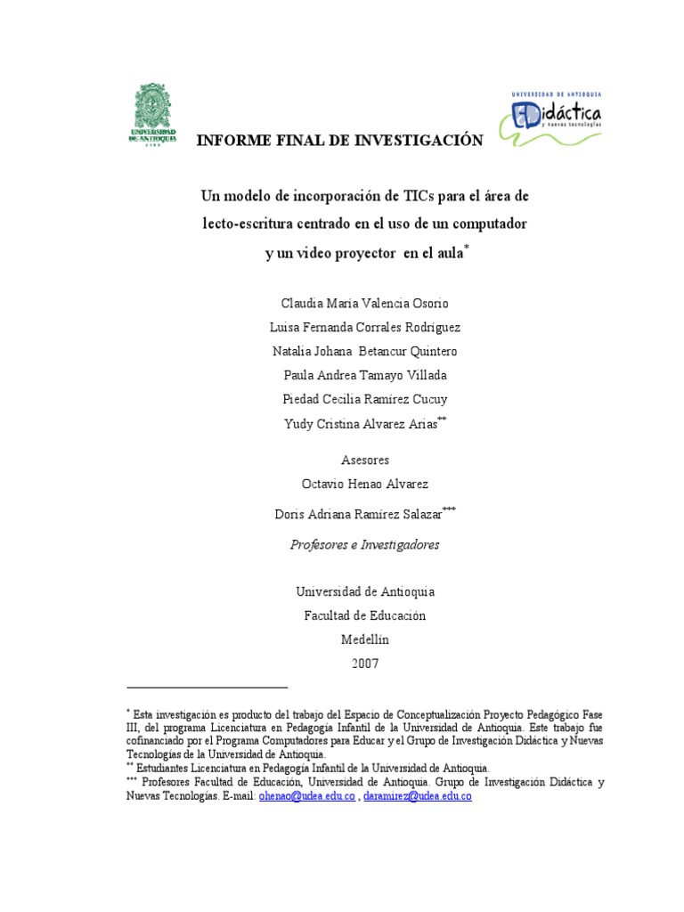 Informe Final Un Modelo de Incorporacion de TICs Al Aula de | PDF | Enseñando | Escritura