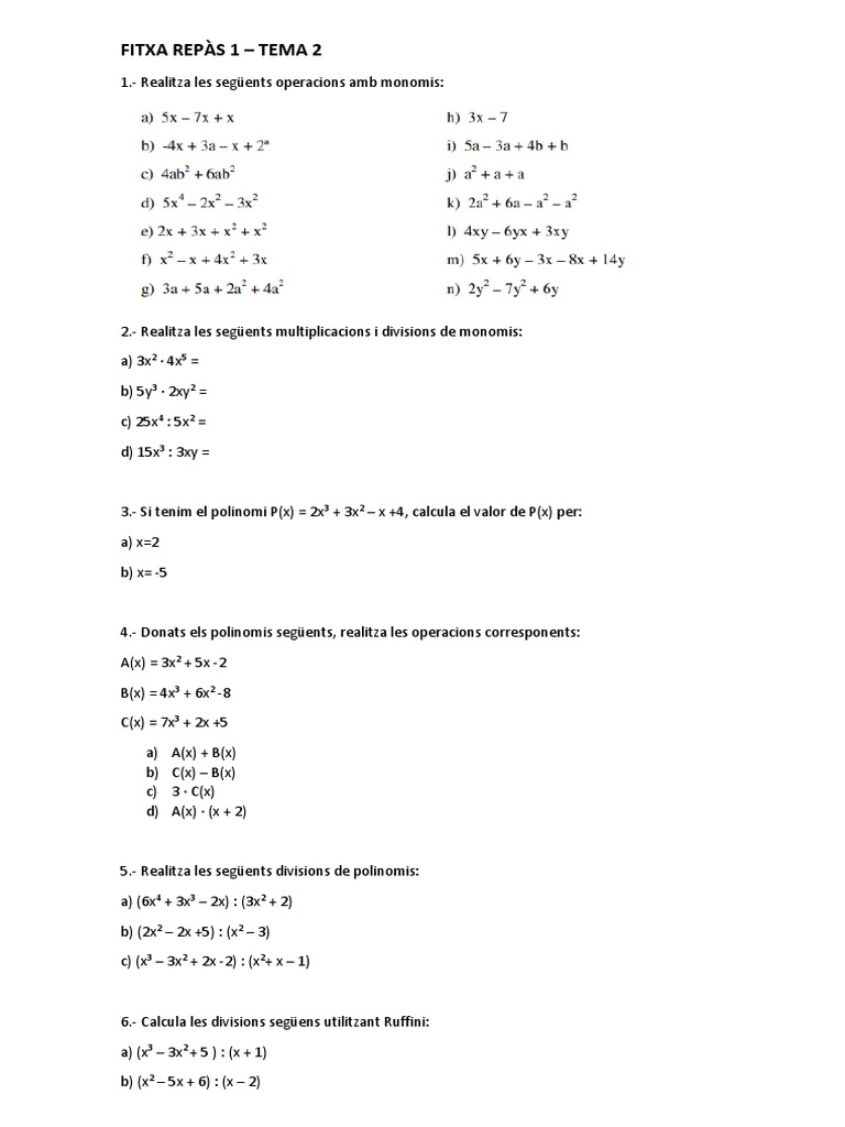 FITXA REPÀS 1 Polinomis | PDF