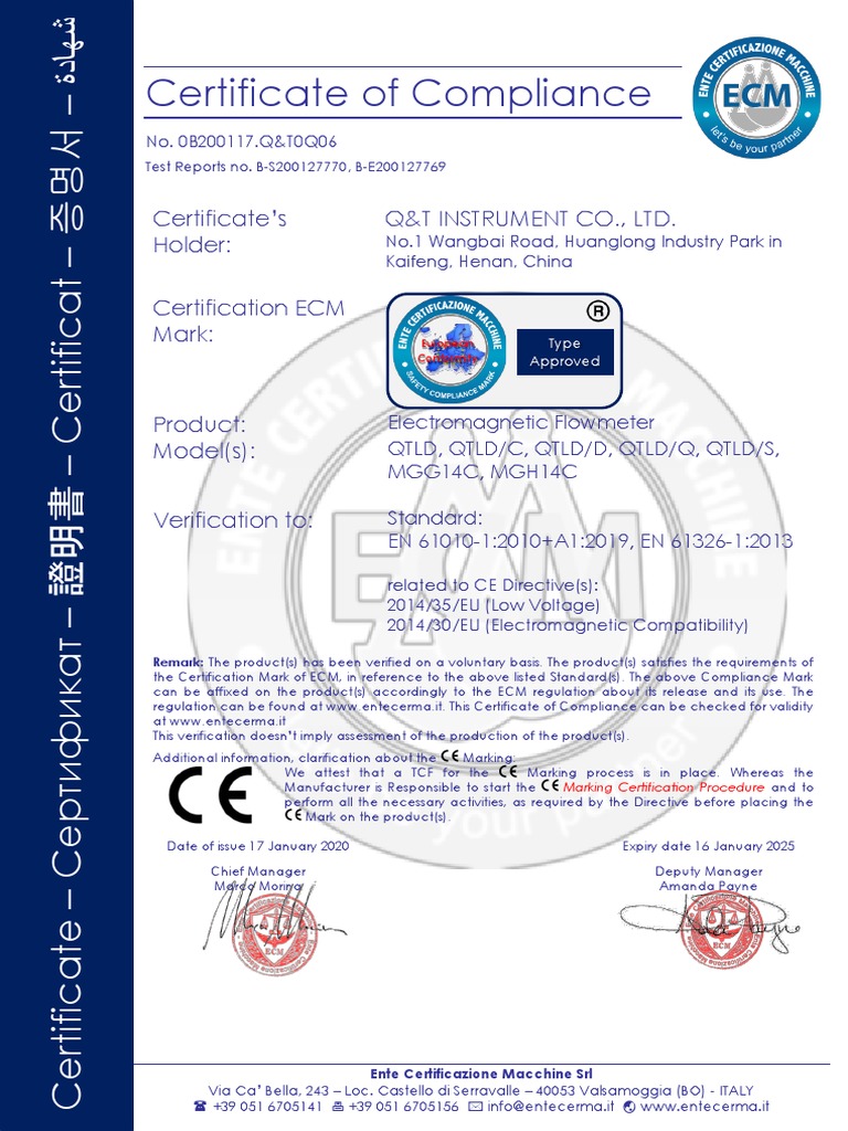 Electromagnetic Flowmeter Compliance Certificate | PDF | Verification ...