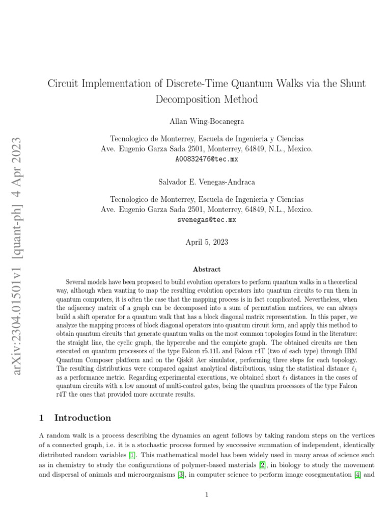 Circuit Implementation of Discrete-Time Quantum Walks Via The Shunt Decomposition Method | PDF ...