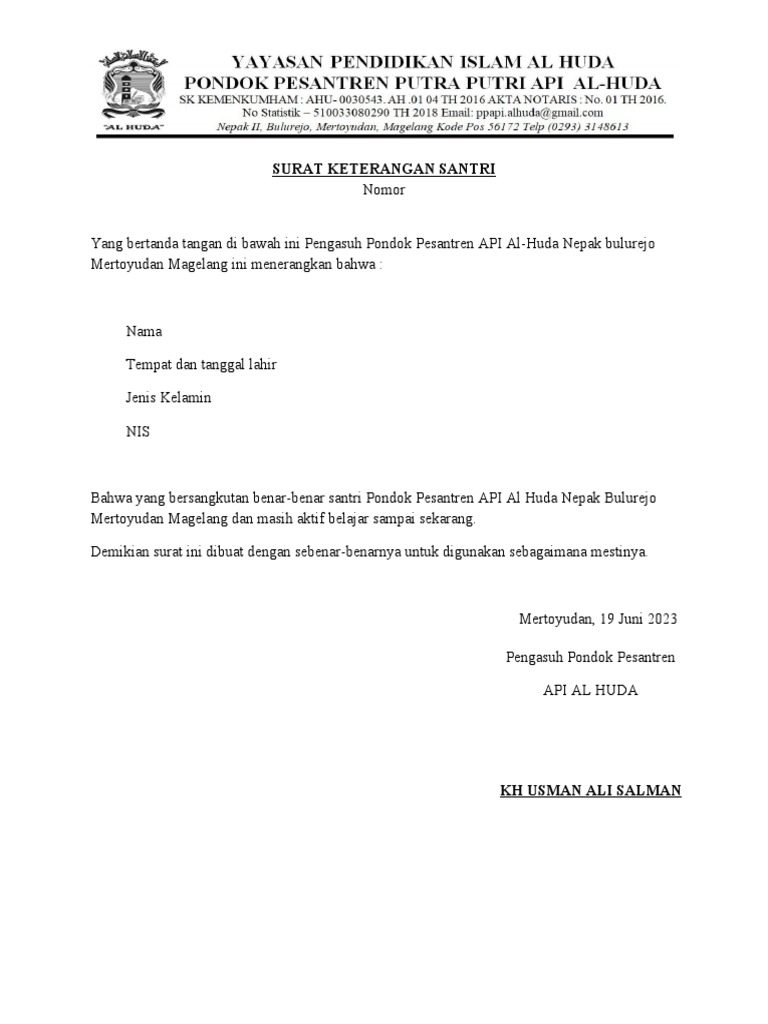 Surat Keterangan Santri | PDF