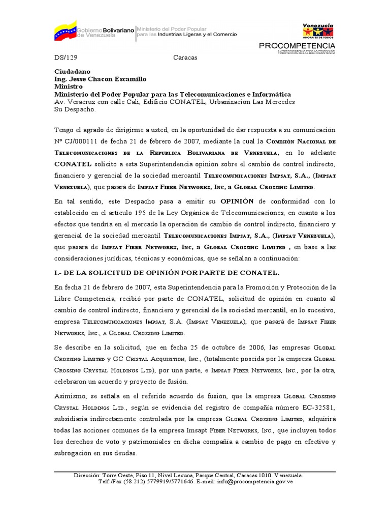 Opinion Fusion de Impsat Global Crossing | PDF | Mercado (economía) | Monopolio