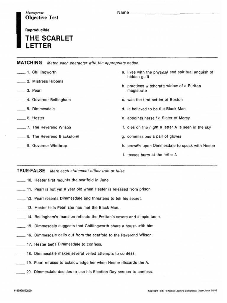 95998D The Scarlet Letter Masterprose Objective Test | PDF