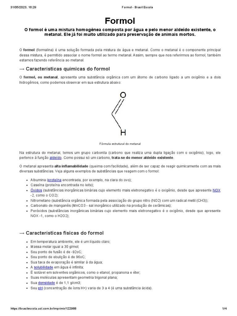 Formol AULA | PDF | Formaldeído | Substancias químicas