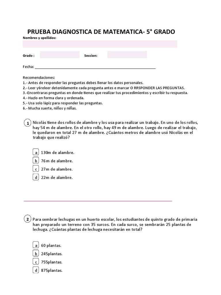 Prueba Diagnostica 5to. Grado.. | PDF