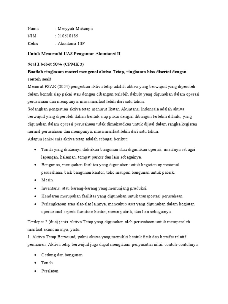 Uas Pa II Meryyati Makanpa 210610185 Akt13f r13 | PDF | Pengelolaan Keuangan & Uang