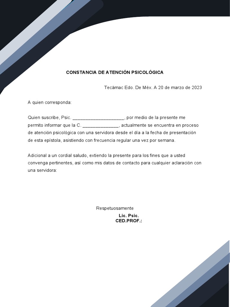 Constancia de Asistencia Psicologica en Blanco | PDF