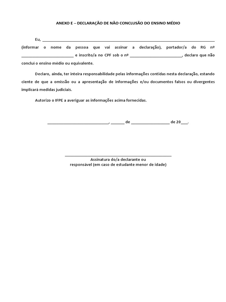 Anexo e - Declaração de Não Conclusão Do Ensino Médio | PDF Anexo e - Declaração de Não Conclusão Do Ensino Médio | PDF
