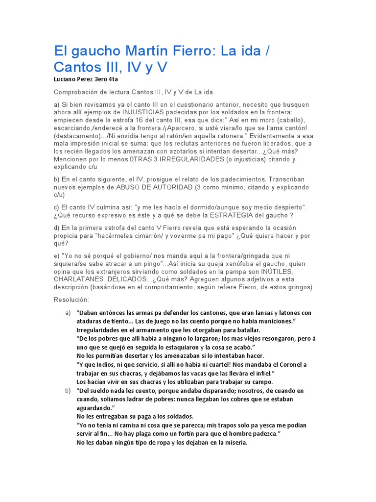 Cantos IV en adelante Luciano Perez Martin Fierro | PDF